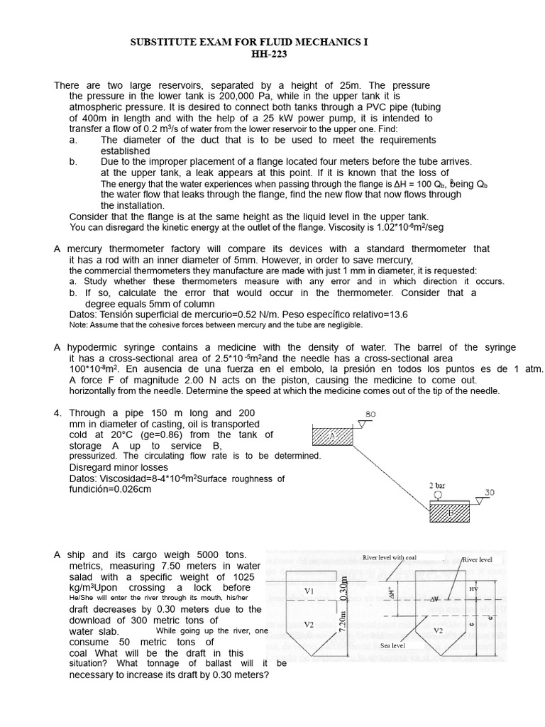 Fluid Mechanics I Substitute Exam | PDF | Pressure | Flow Measurement