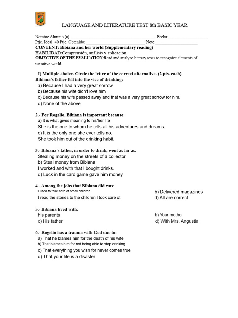 8th Grade Language Literature Test | PDF | Multiple Choice