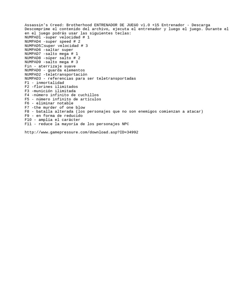 Asesino's Creed Hermandad ENTRENADOR v1.0 +15 Entrenador - Descargar | PDF