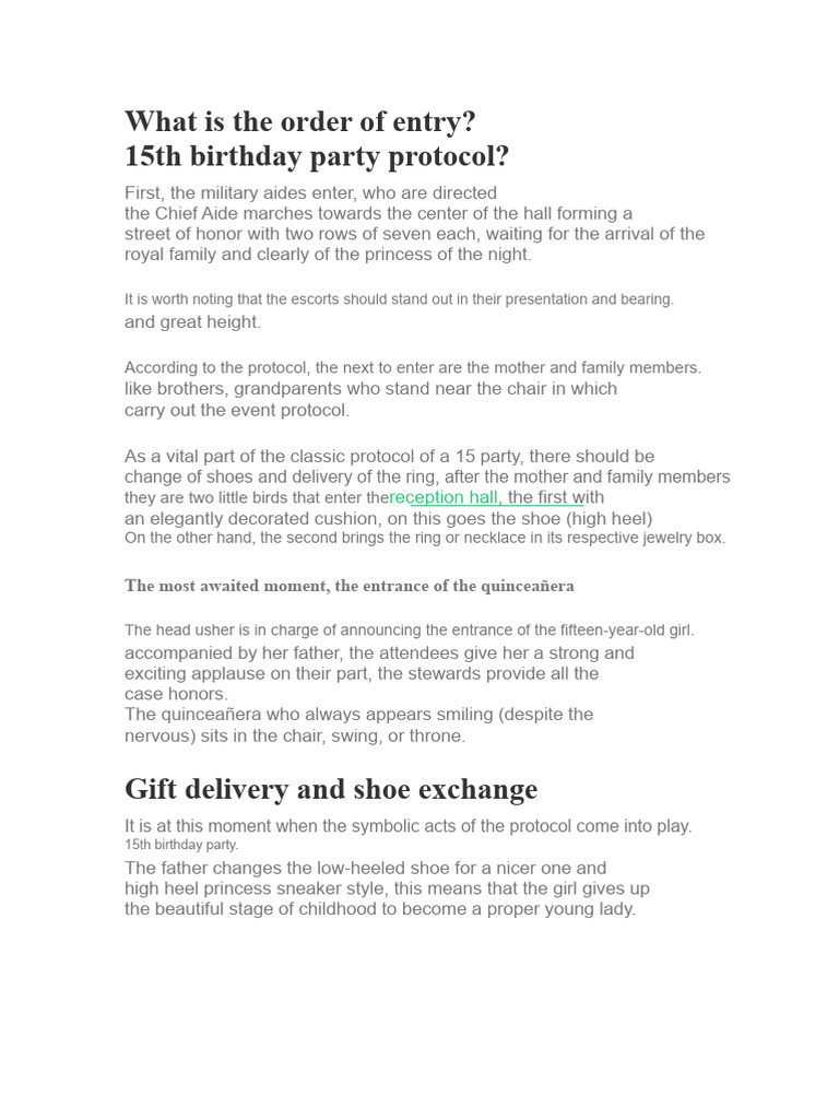 What Is The Order of Entry in The 15th Birthday Party Protocol? | PDF