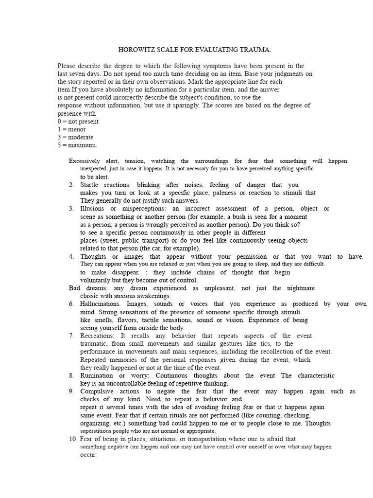 HOROWITZ SCALE FOR EVALUATING TRAUMA (1) | PDF | Psychological Trauma ...