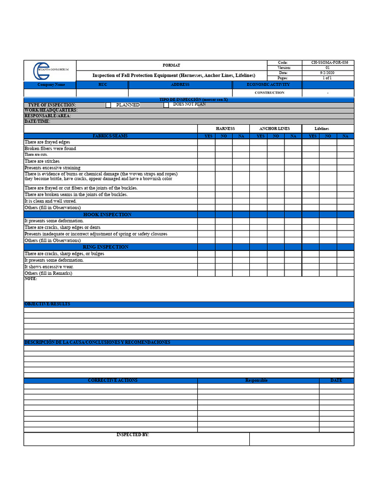 FORM 036 - Inspection of Fall Protection Equipment (Harness, Anchor ...