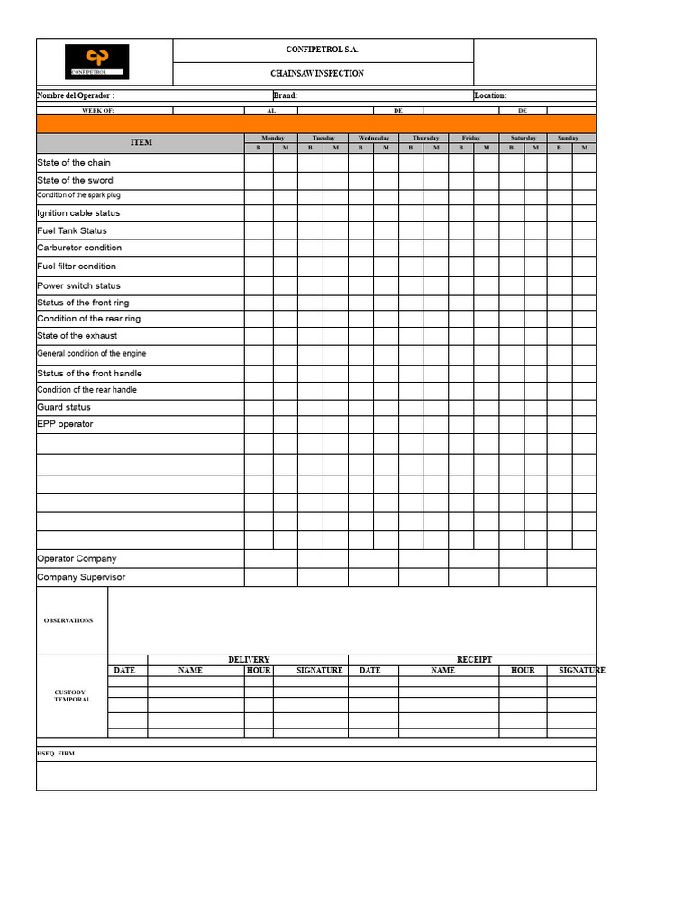 Chainsaw Inspection Checklist Template | PDF