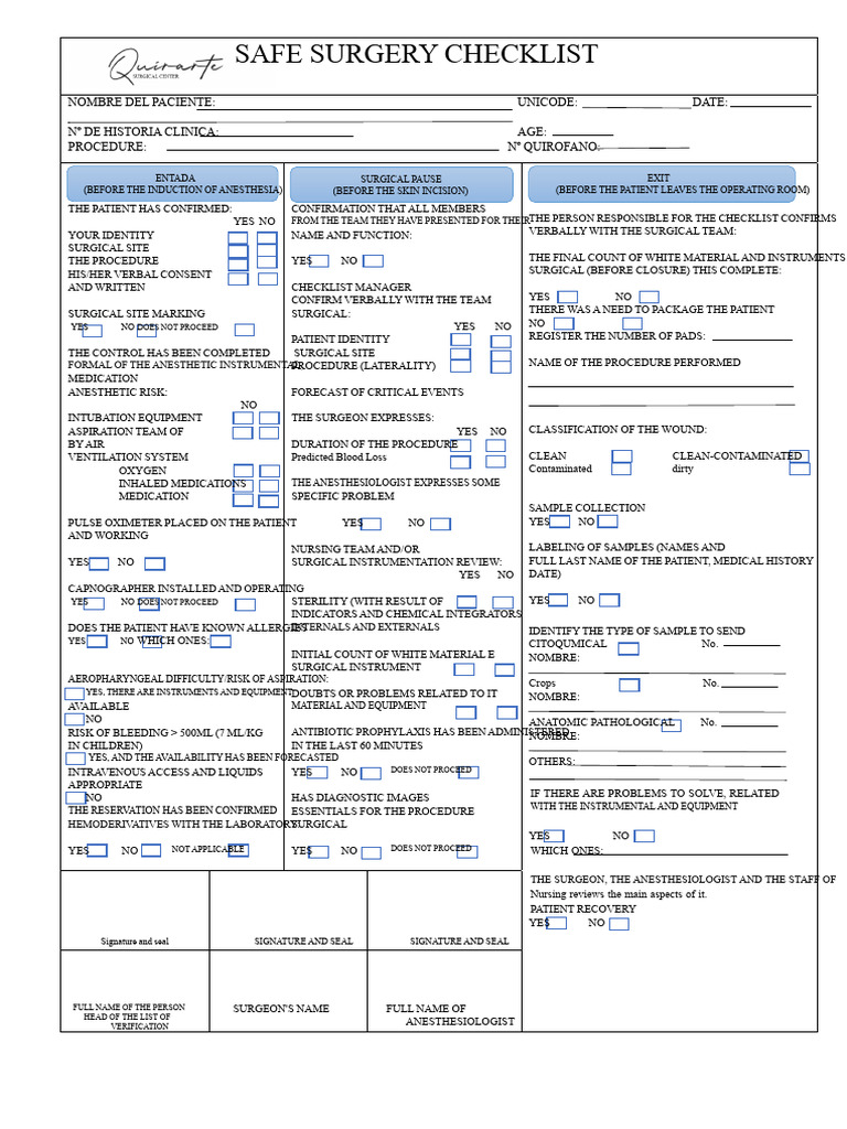 Safe Surgery Checklist Template | PDF | Surgery | Anesthesia