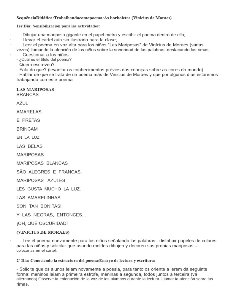 Secuencia Didáctica-Poema Las Mariposas VINÍCIUS DE MORAIS | PDF ...