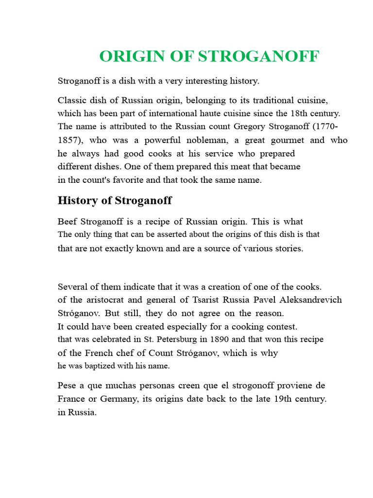 ORIGIN OF STROGANOFF.docx | PDF | Food And Drink Preparation | Food And ...
