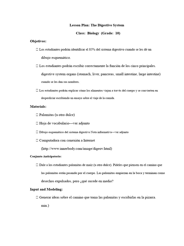 Lesson Plan: The Digestive System Class: Biology (Grade: 10) Objetivos ...