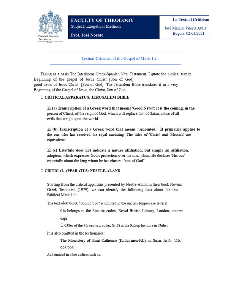 Textual Criticism of Mark and Ephesians | PDF | The Gospel | Bible