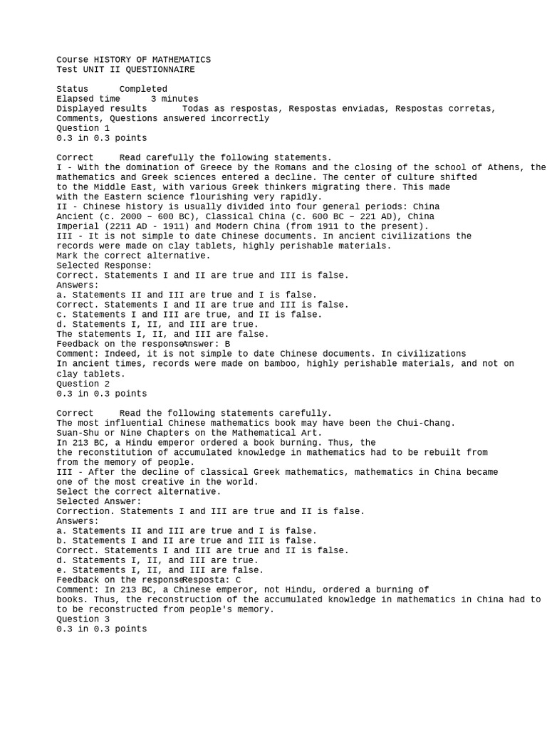 Questionnaire Unit II History of Mathematics | PDF | Mathematics | Algebra