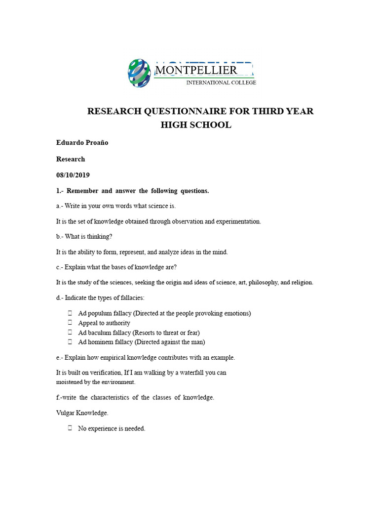 High School Research Questionnaire on Knowledge | PDF | Logic | Knowledge