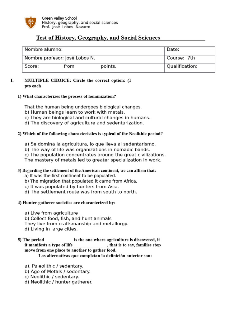 History Test 7° Prehistory and Early Civilizations | PDF | Homo
