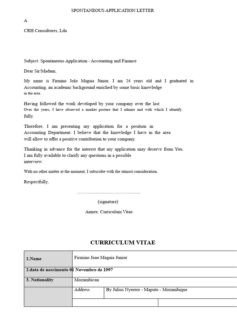 Spontaneous Application Letter | PDF