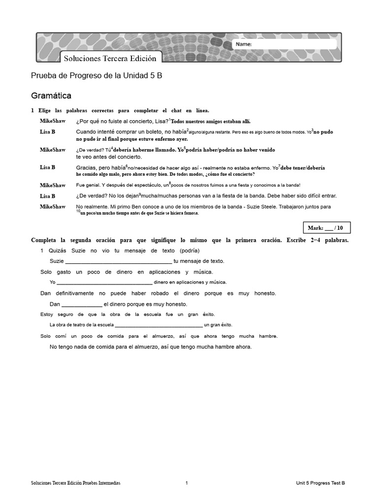 Prueba de Progreso Unidad 5 B: Gramática y Vocabulario | PDF | Internet