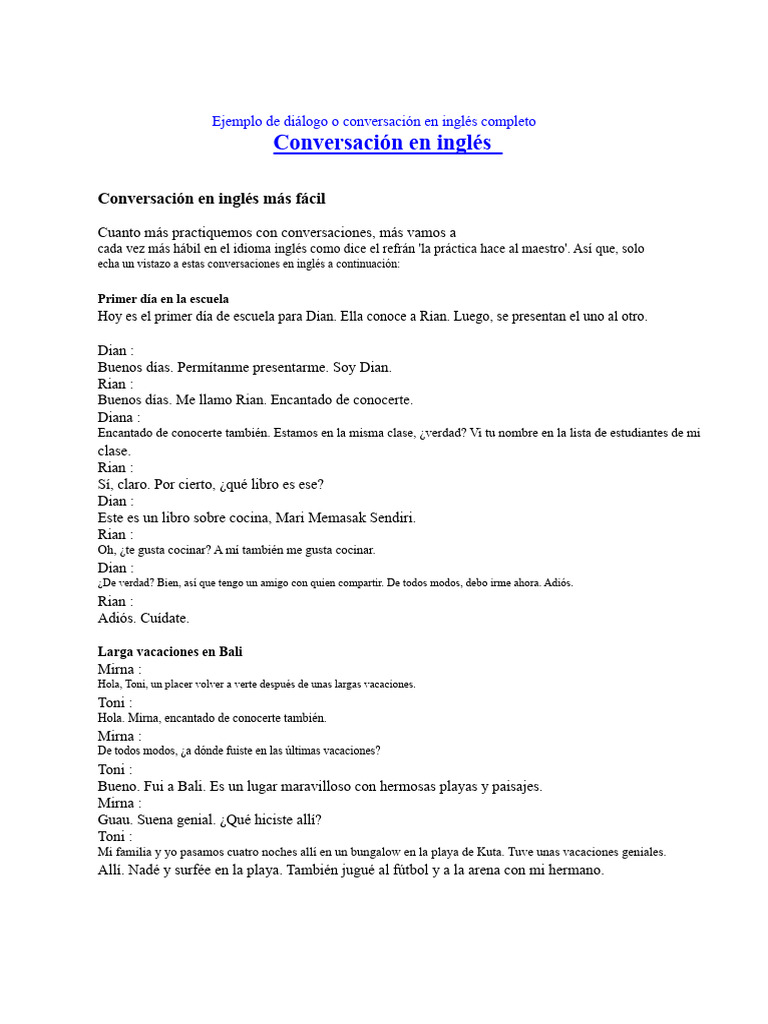 Ejemplo de Diálogo o Conversación en Inglés Completo | PDF ...