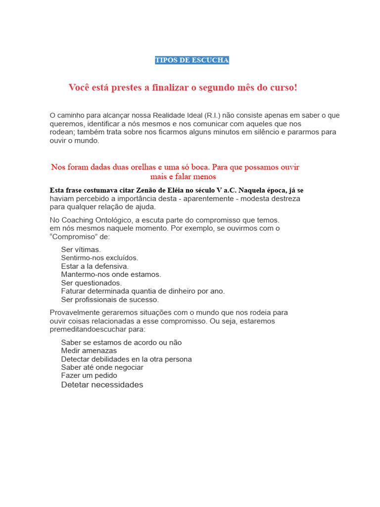 Tipos de Escuta no Coaching Ontológico | PDF | Ontologia | Conhecimento