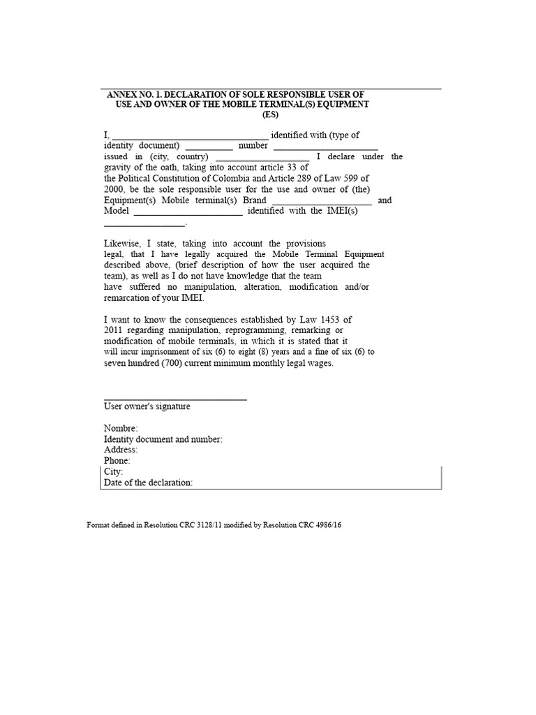 Equipment Property Declaration | PDF