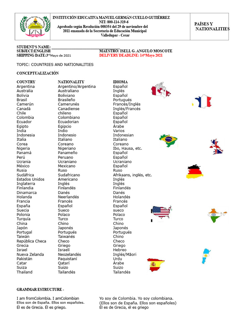 Países y nacionalidades | PDF | Lengua española | Idioma en Inglés