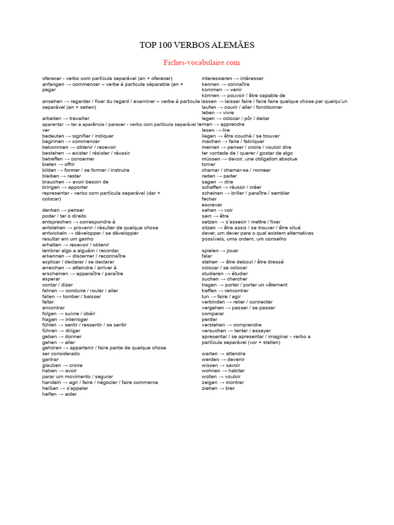 Top 100 Verbes Allemand Essentiels | PDF