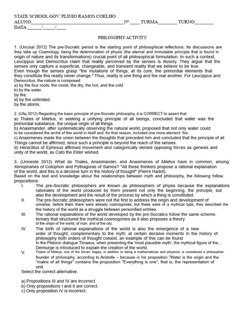 EVALUATIVE EXERCISE IN PHILOSOPHY 1ST YEAR | PDF | Ancient Greek ...