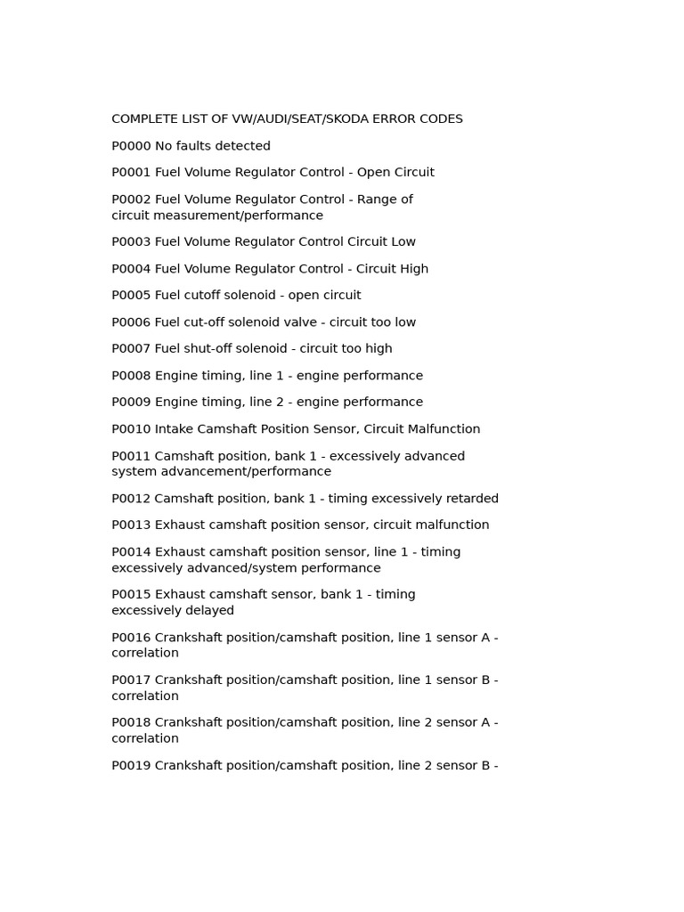 VW/Audi/Seat/Skoda Error Codes List | PDF | Throttle | Fuel Injection