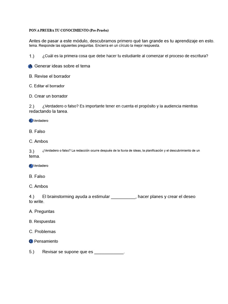 Pre-Prueba de Escritura: Evalúa tus Conocimientos | PDF | Puntuación ...