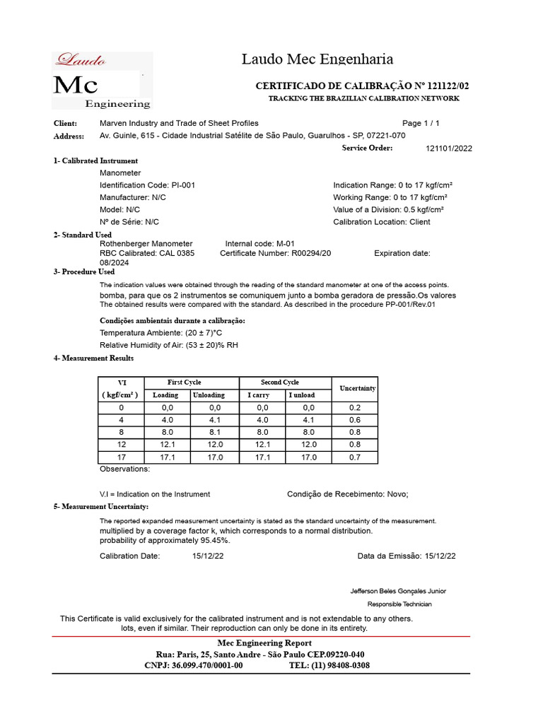 Calibration Certificate Manometer | PDF | Calibration | Pressure ...