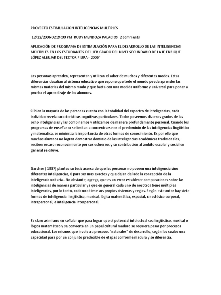 Proyecto Estimulacion Inteligencias Multiples | PDF | Percepción ...