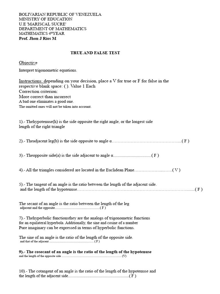 Trigonometric True/False Test Guide | PDF
