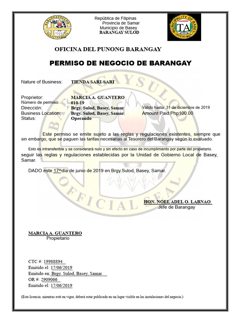 Permiso de Negocio en Barangay Sulod | PDF