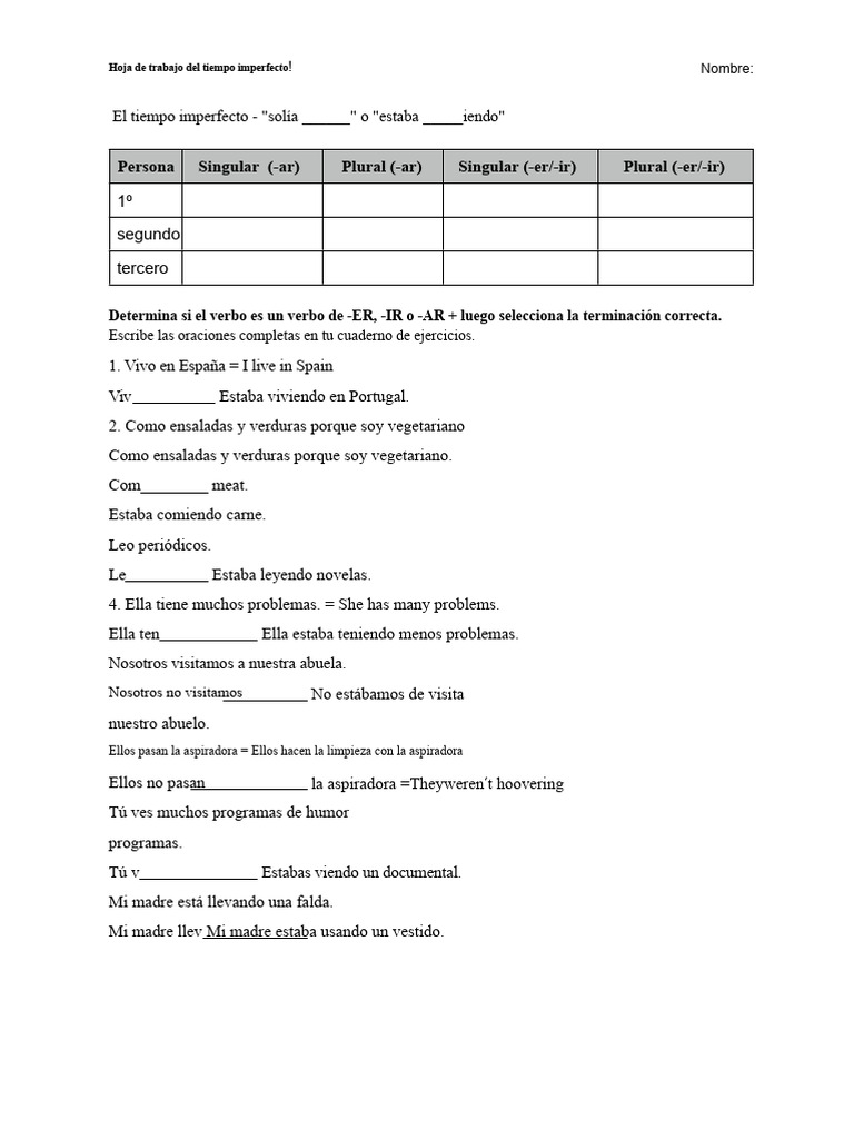 Ejercicios de tiempo imperfecto en español | PDF