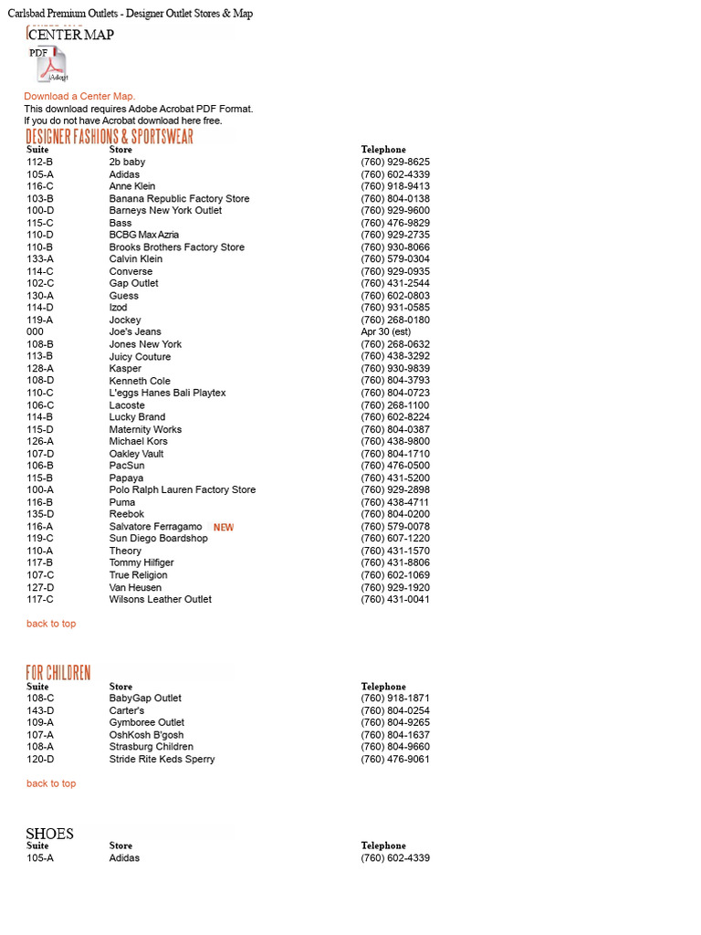 Carlsbad Premium Outlets - ..Store List | PDF