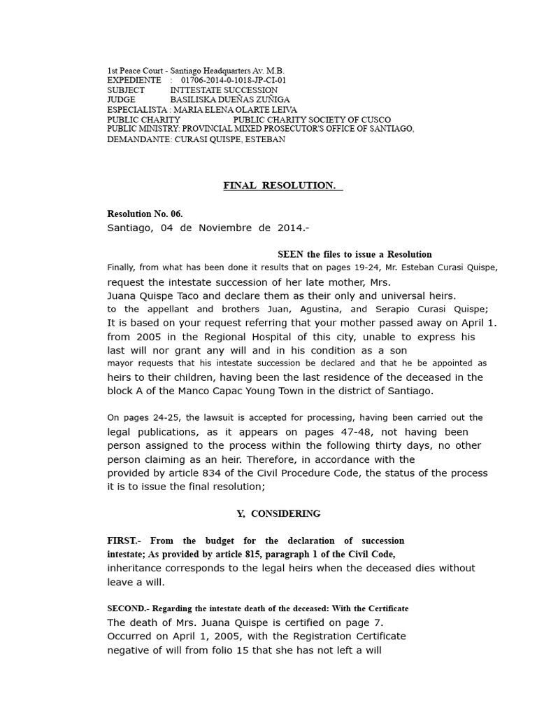 Final Order - Intestate Succession | PDF | Inheritance | Kinship And ...
