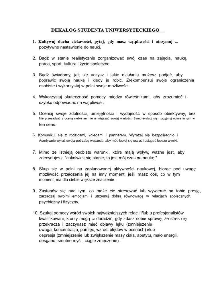 Dekalog Studenta Uniwersyteckiego | PDF