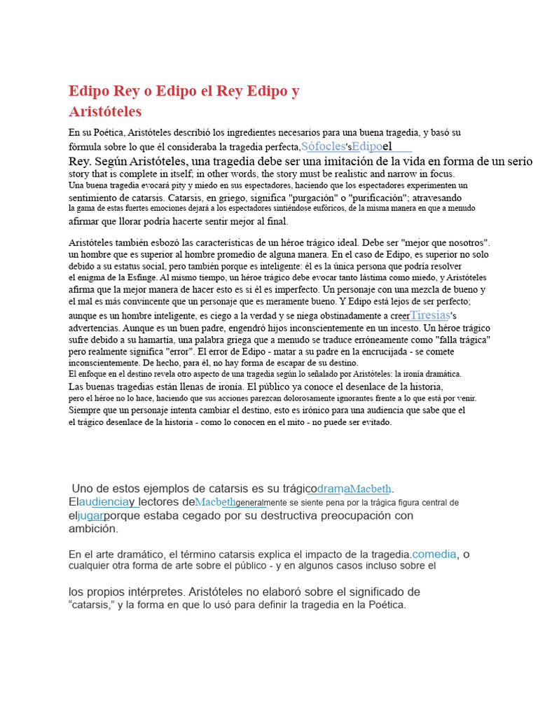 Edipo Rey o Edipo el Rey Edipo y Aristóteles | PDF | Tragedia | Poética ...