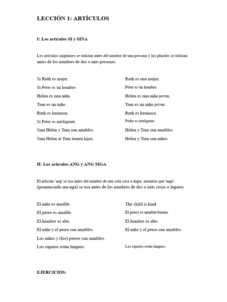 Uso de Artículos en Español y Filipino | PDF