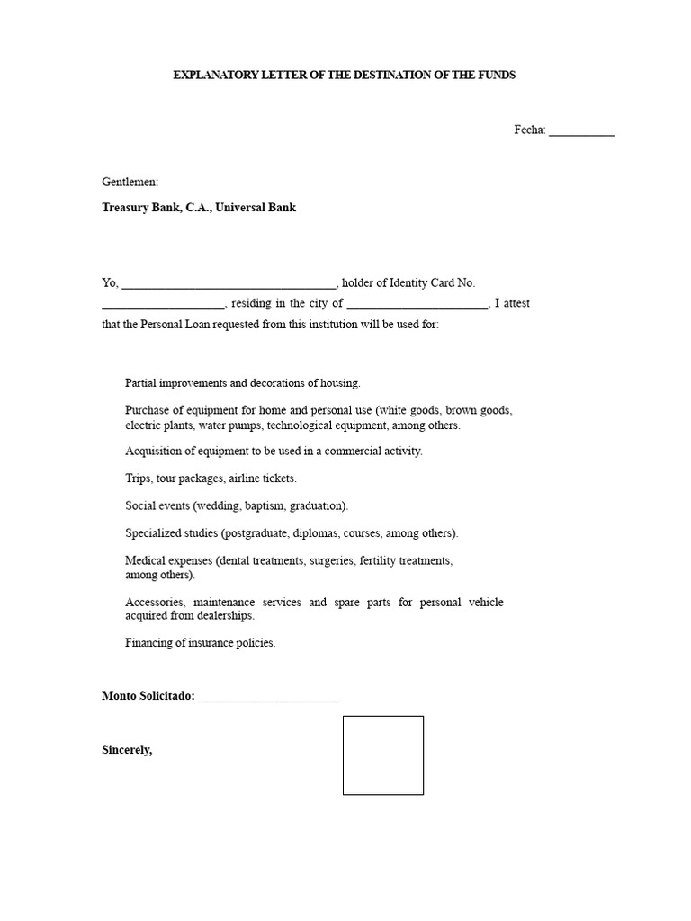 Explanatory Letter of Fund Destination - Treasury Bank - Notilogy | PDF