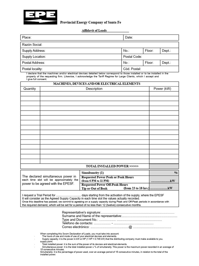 Santa Fe Energy Load Affidavit Form | PDF