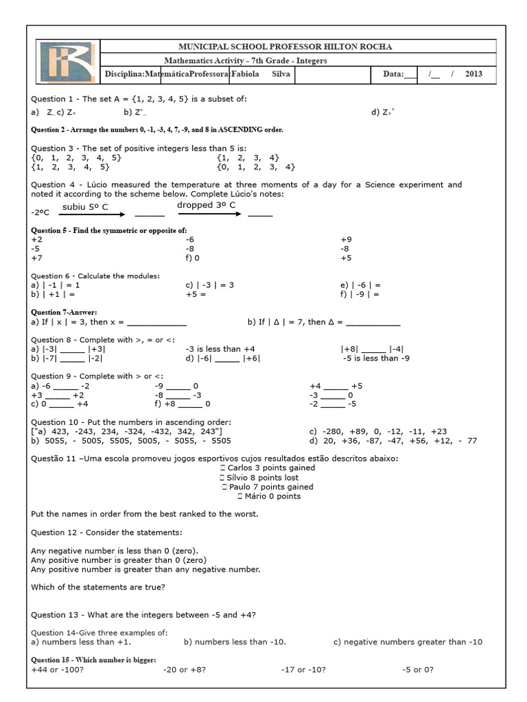 7th Grade Math Activity on Integers | PDF | Mathematics