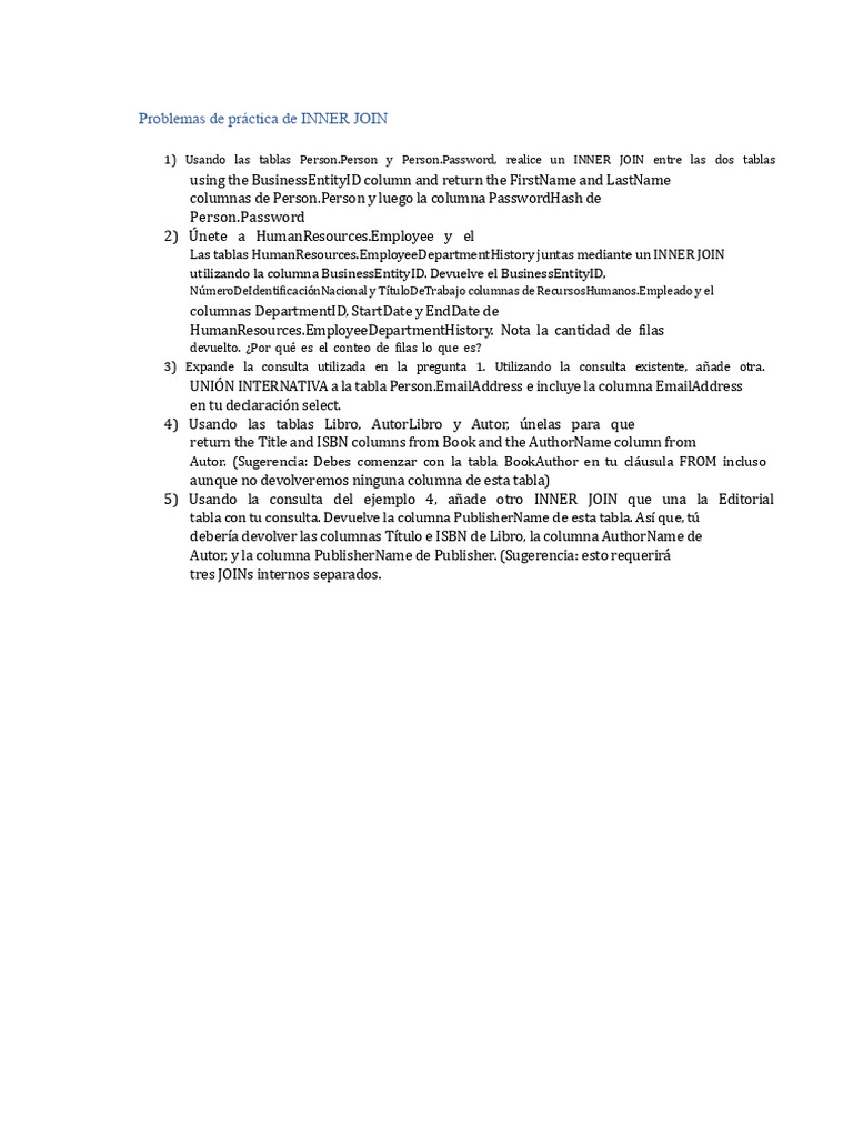 Problemas de Práctica de INNER JOIN | PDF | SQL | Bases de datos