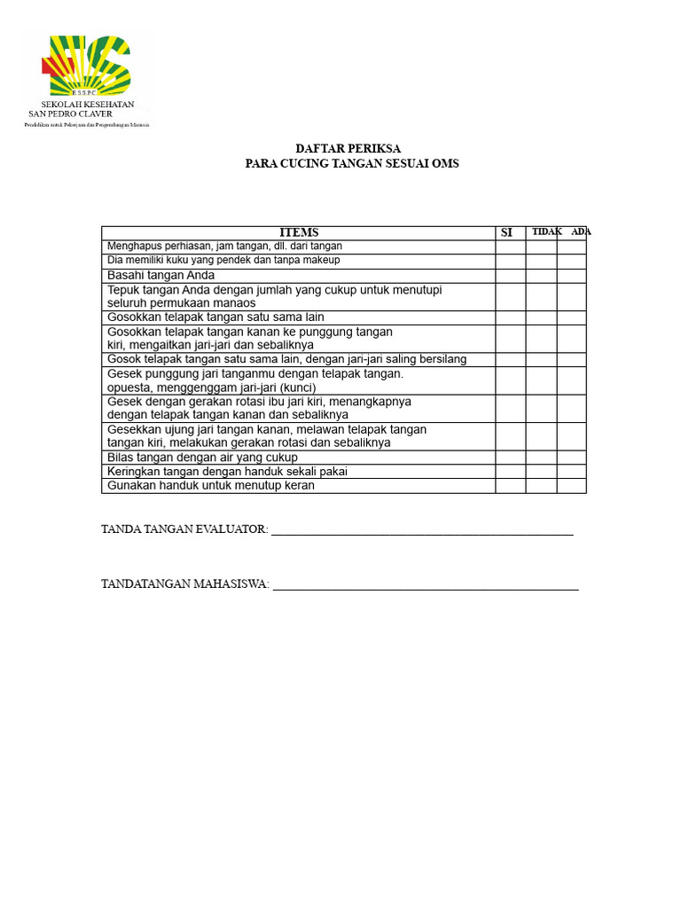 Daftar Periksa Cuci Tangan Sesuai OMS | PDF