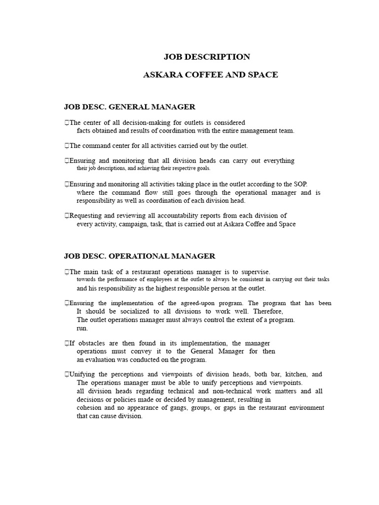 Job Descriptions for Askara Coffee Roles | PDF | Employment | Menu
