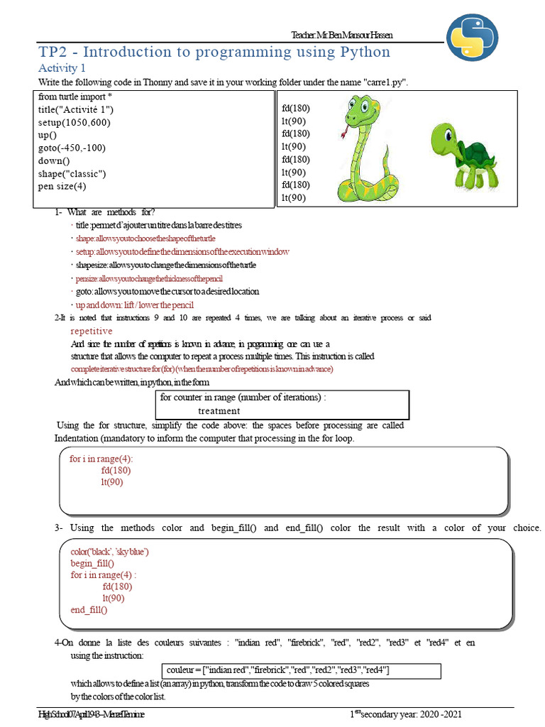 Correction - 1st year_TP2 Python turtle v hassen 2020_2021 | PDF | Circle | Computer Programming