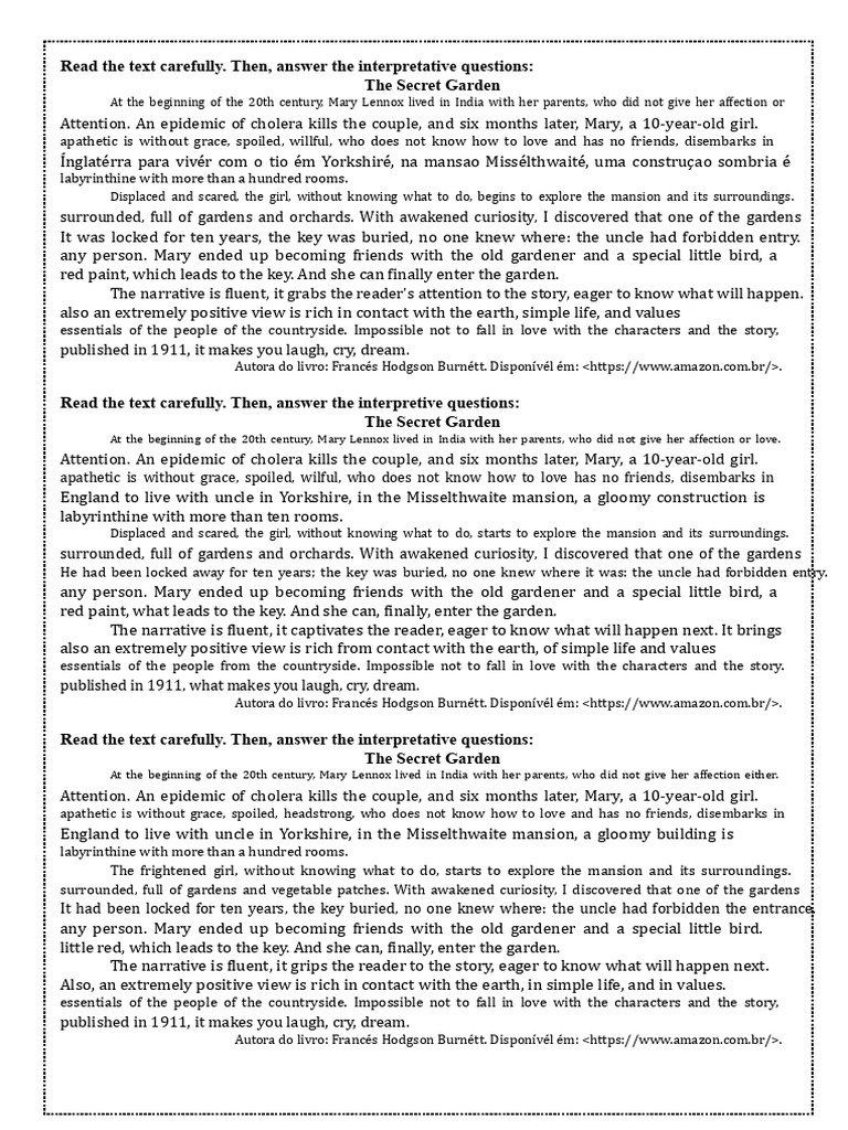 Text Interpretation - The Secret Garden - 6th Grade - Answers | PDF ...