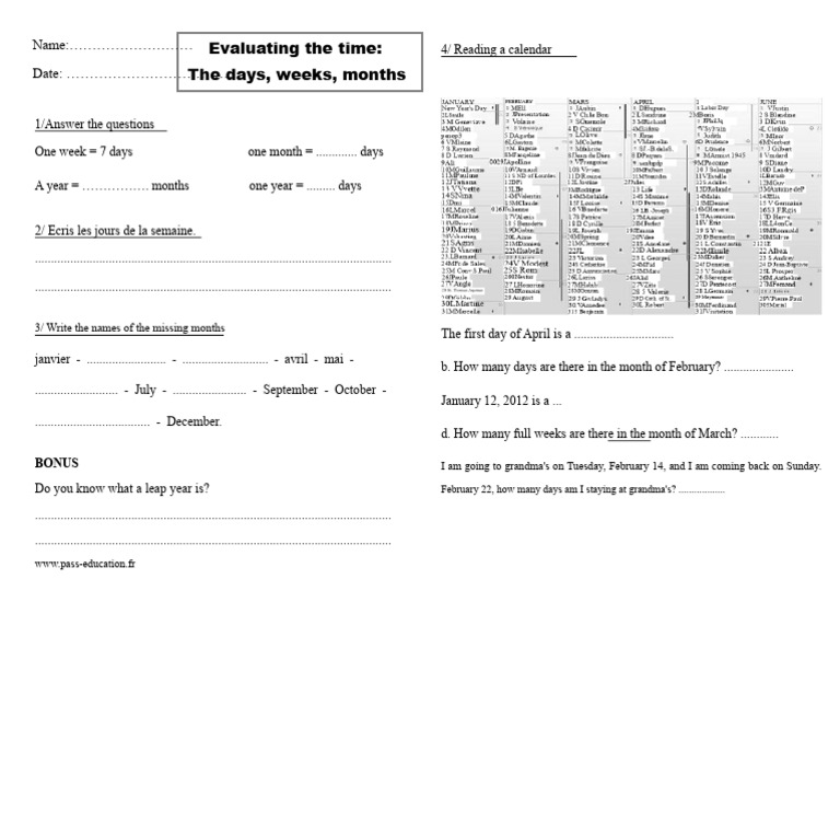 Calendar Reading and Time Evaluation Guide | PDF