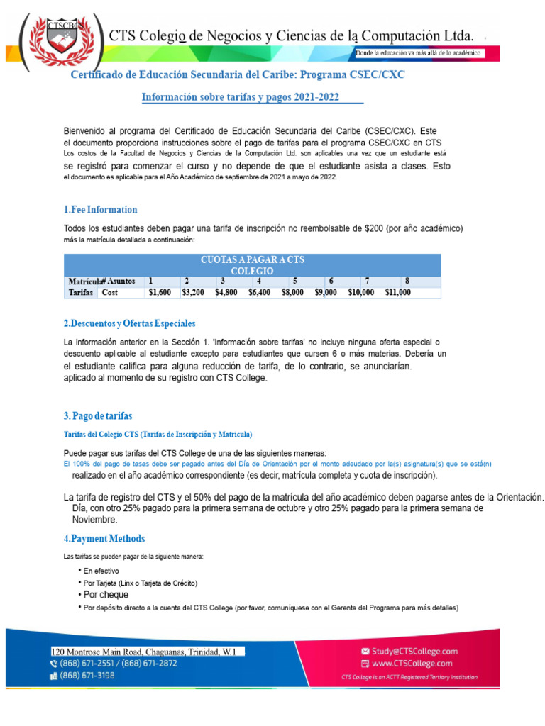 Política de Tarifas del Programa CXC del CTS College 2021-2022 | PDF