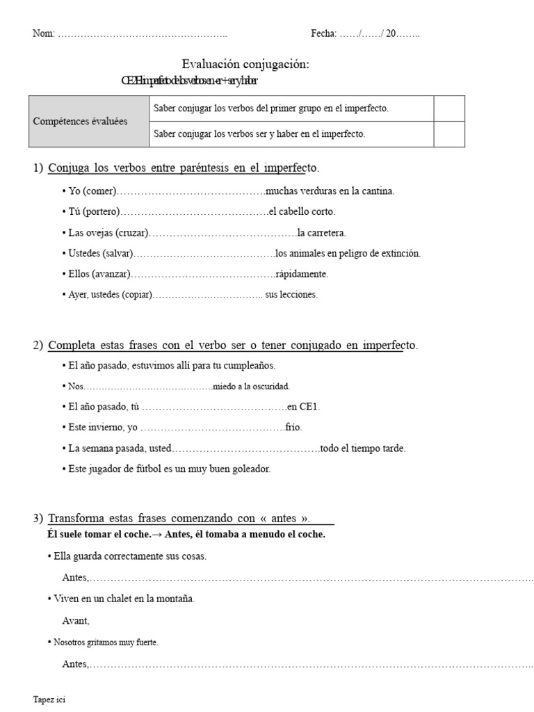 Evaluación de Conjugación en Imperfecto | PDF