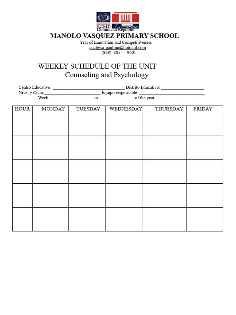 WEEKLY SCHEDULE OF THE ORIENTATION AND PSYCHOLOGY UNIT | PDF