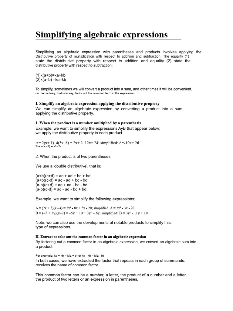 Simplifying algebraic expressions | PDF | Factorization | Multiplication