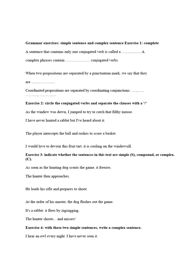 Grammar Exercises: Simple vs. Complex Sentences | PDF | Sentence ...