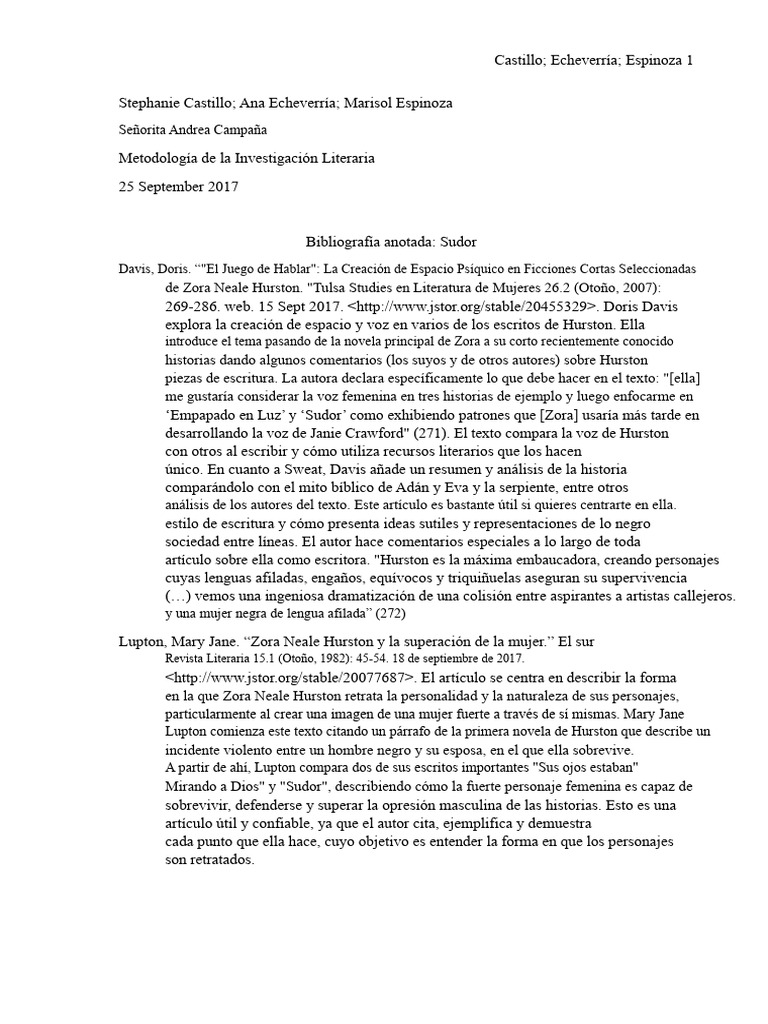 Bibliografía Anotada Sweat Zora Neale Hurston | PDF